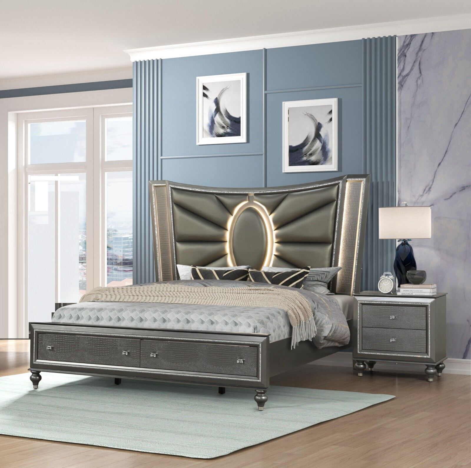 3pc Luxury Charcoal King Size Storage LED HB Bed Nightstand Set Bedroom ...
