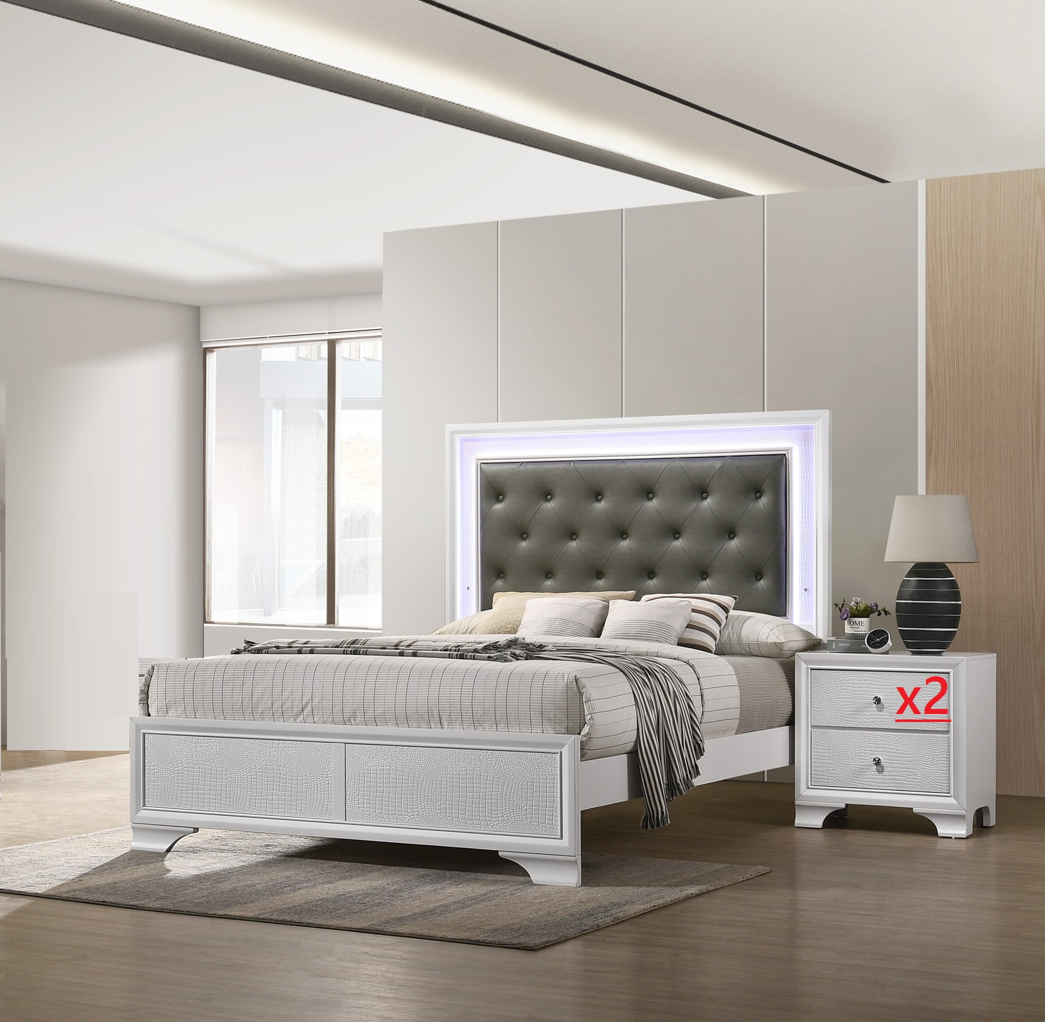 3pc Modern Black Bedroom Set Full Size Bed 2x Nightstand Fabric ...