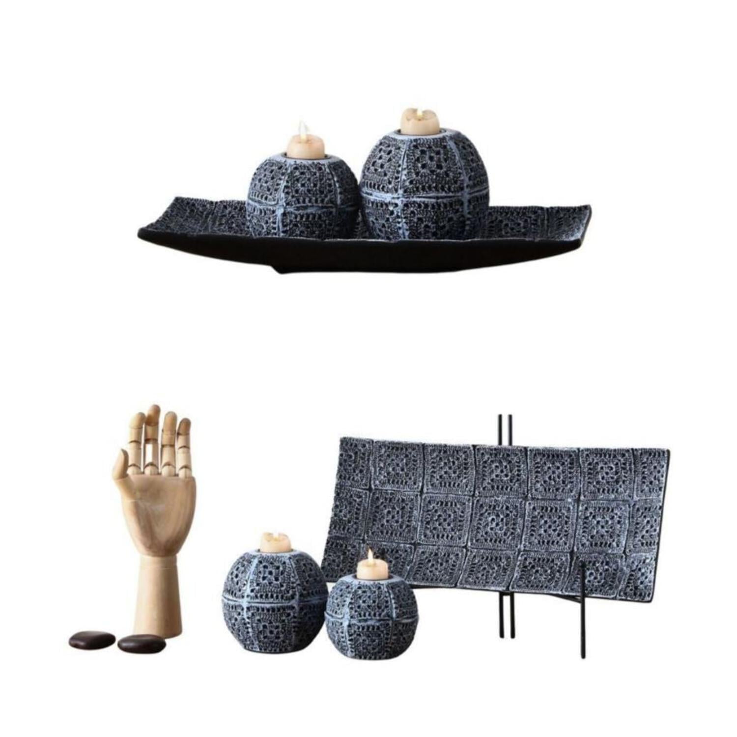 3pc Modern Candle Holder Set | Black Textured Polyresin Candle Holder ...