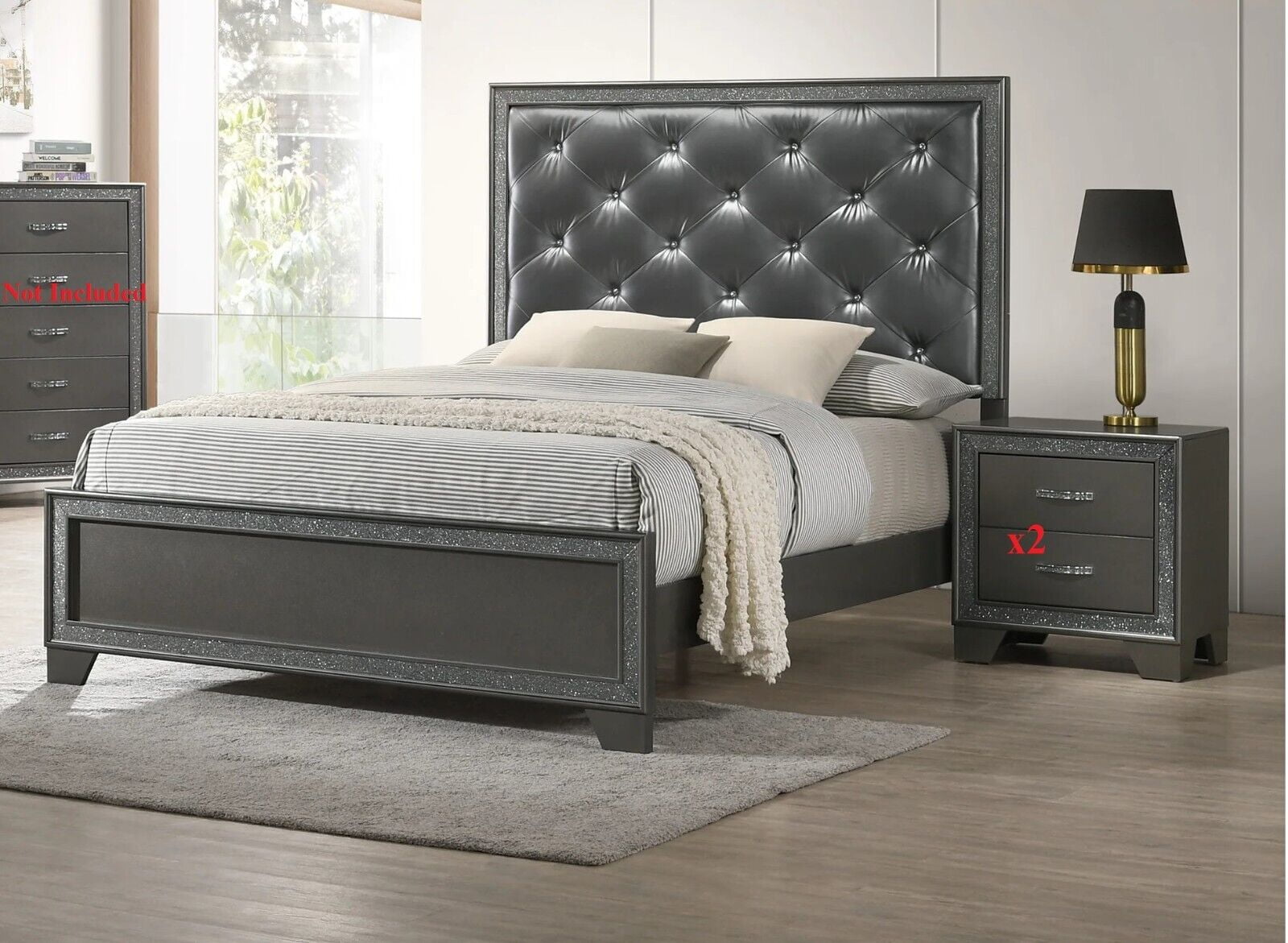 3pc Modern Glam King Size Panel Bed and Nightstand Set Button-Tufted ...