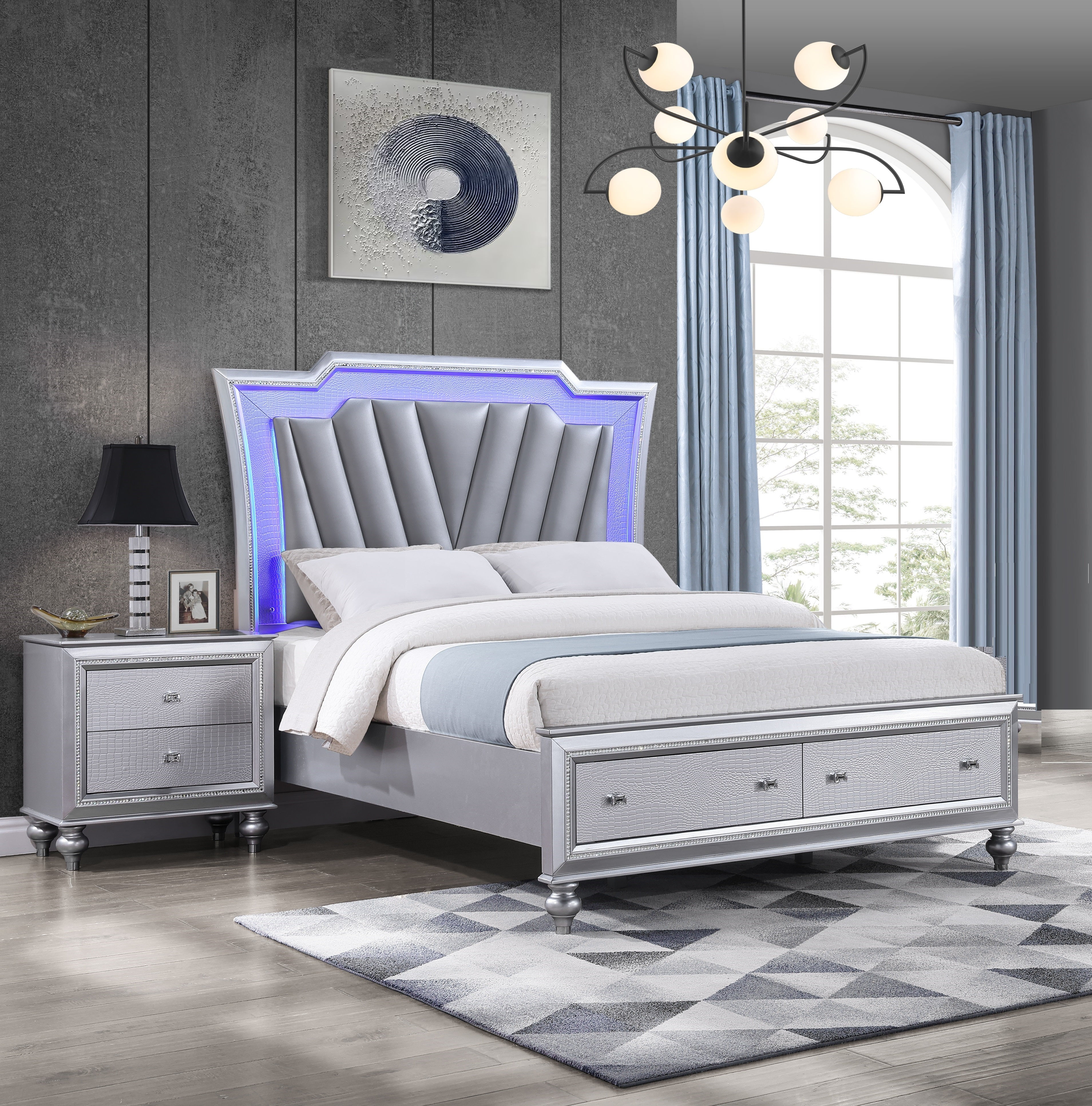 3pc Modern LED Light King Upholstery Storage Bed 2x Nightstand Set ...