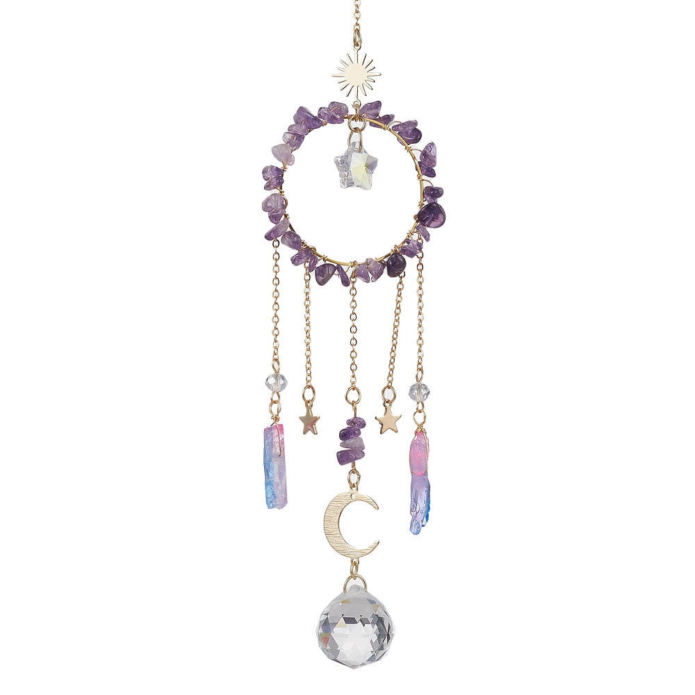 3pc Natural Amethyst Chip Pendant Decorations with Brass Moon & Cable ...