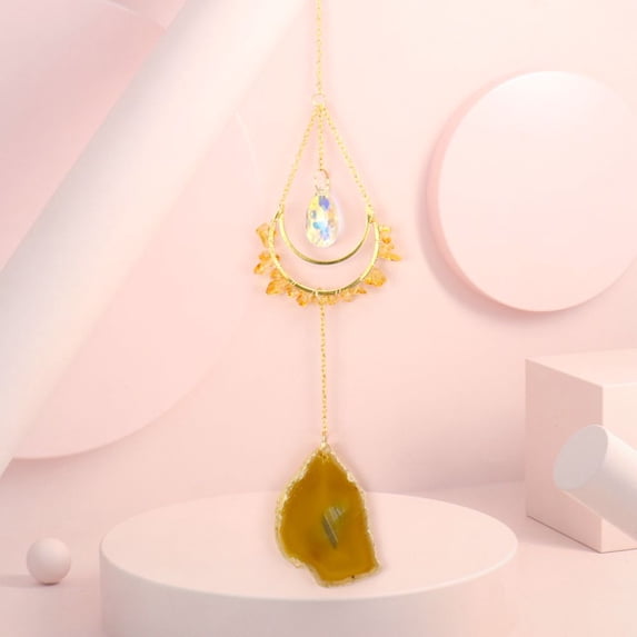 3pc Natural Citrine Chip Wrapped Moon Hanging Ornaments Glass Teardrop ...