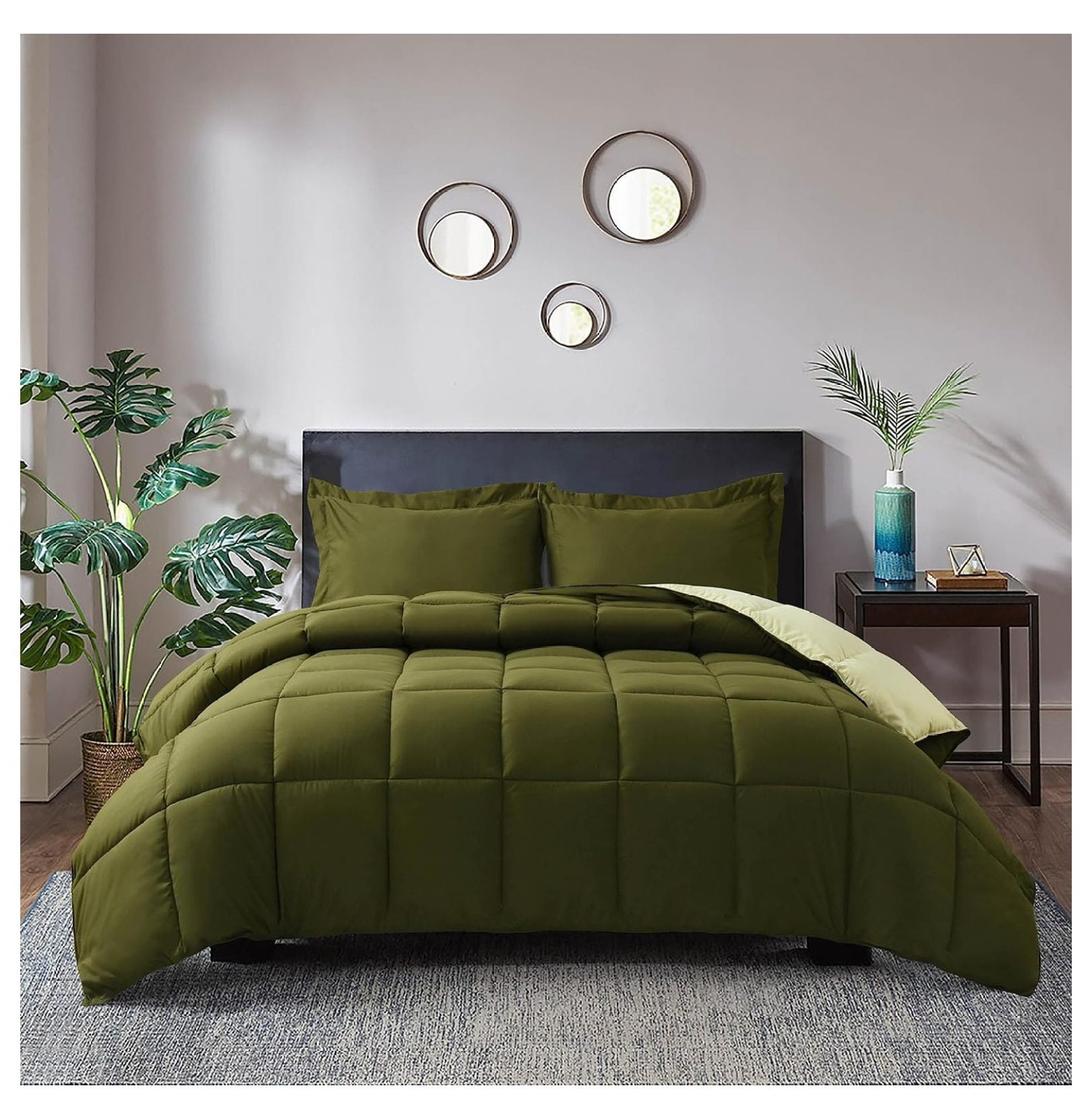 3pc Olive Green Queen Comforter Set - All Season Reversible Down ...