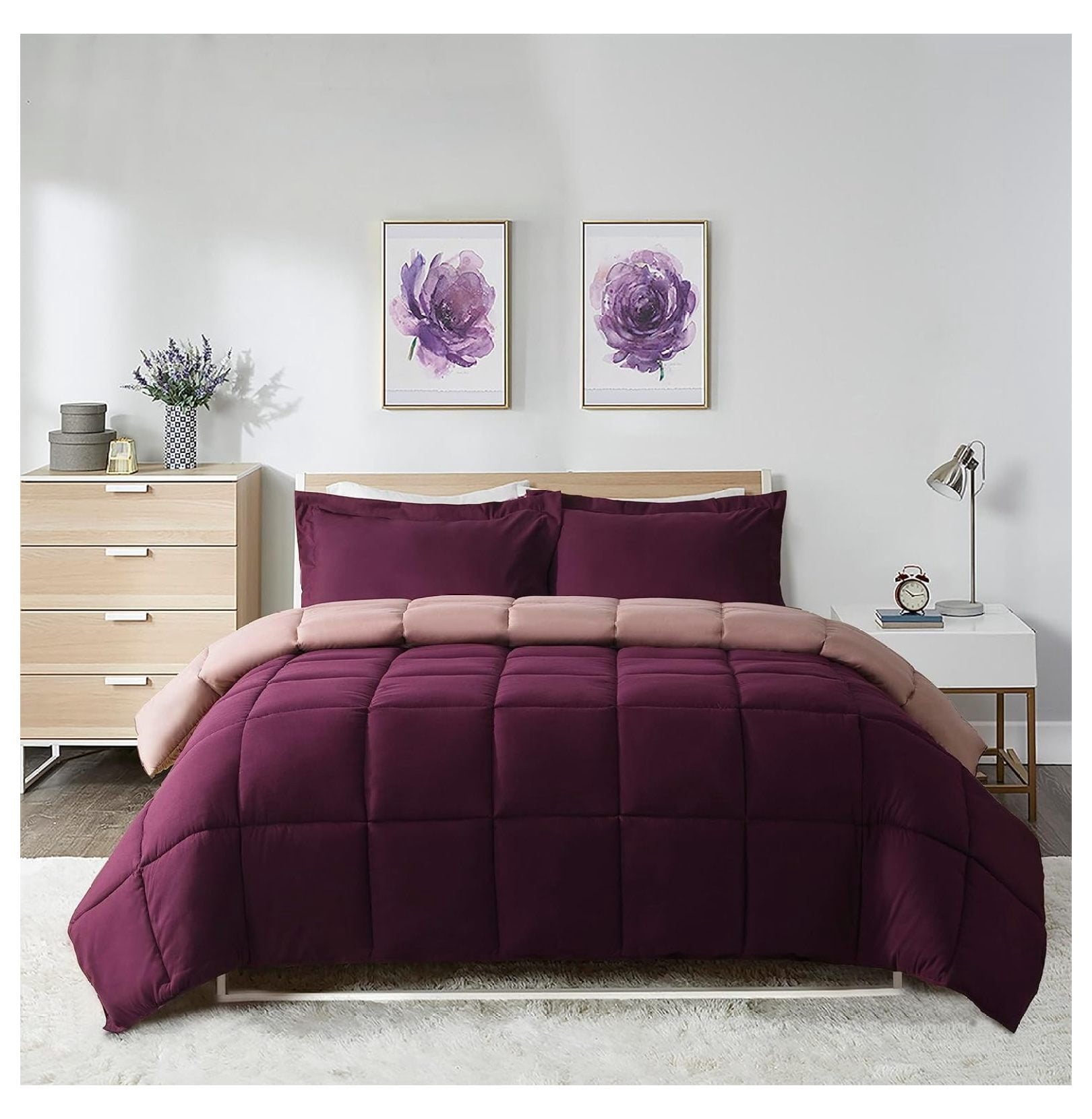 3pc Plum King Size Comforter Set - All Season Reversible Down ...