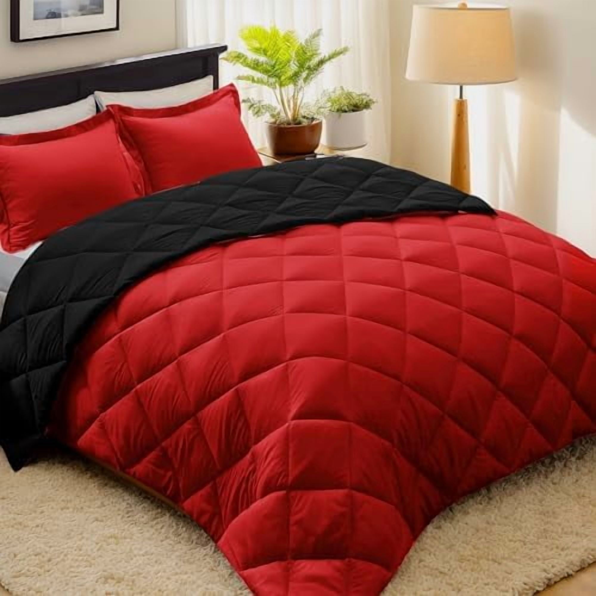 3pc Red Queen Size Comforter Set-All Season Reversible Down Alternative ...