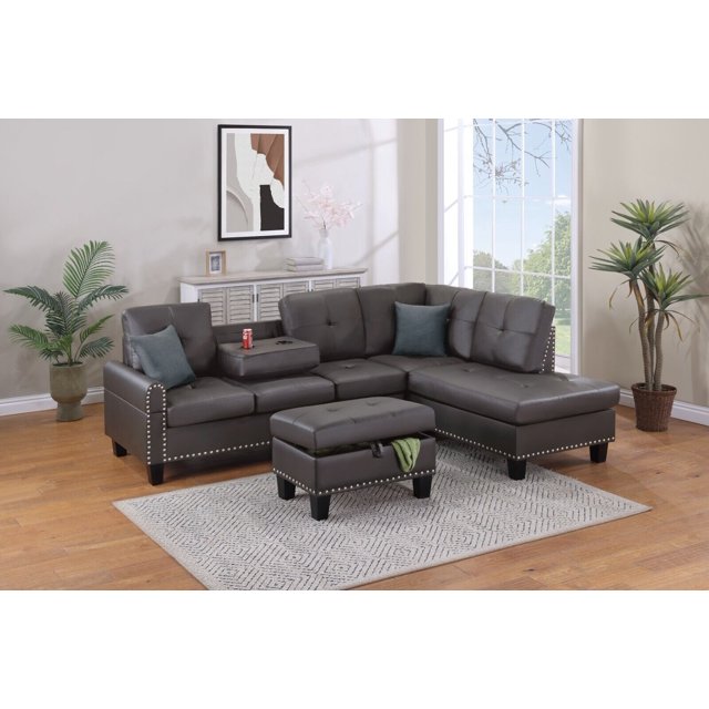 3pc Sectional Set Espresso Faux Leather RAF Chaise LAF Sofa w Cup Holder Storage Ottoman Living ...