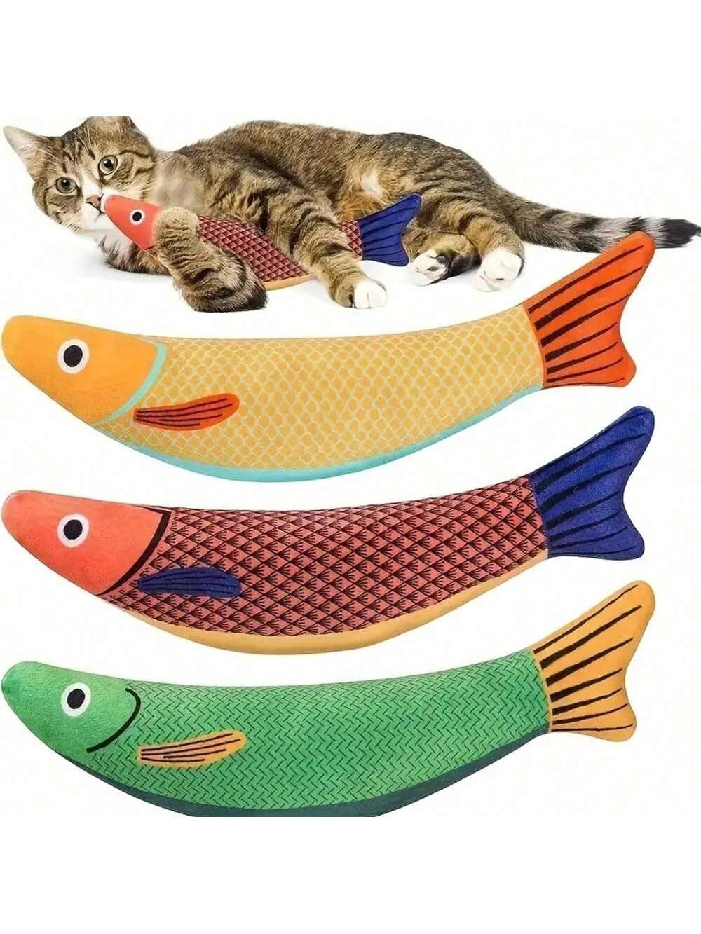 3pc Simulated Fish Design Plush Toys For Cats Cat Toys Crinkle Sound ...