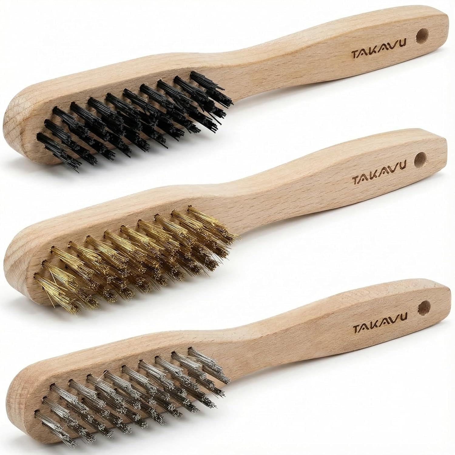 3pc Small Wire Brush Set (Wood Handle) - Stainless Steel, Brass & Nylon ...