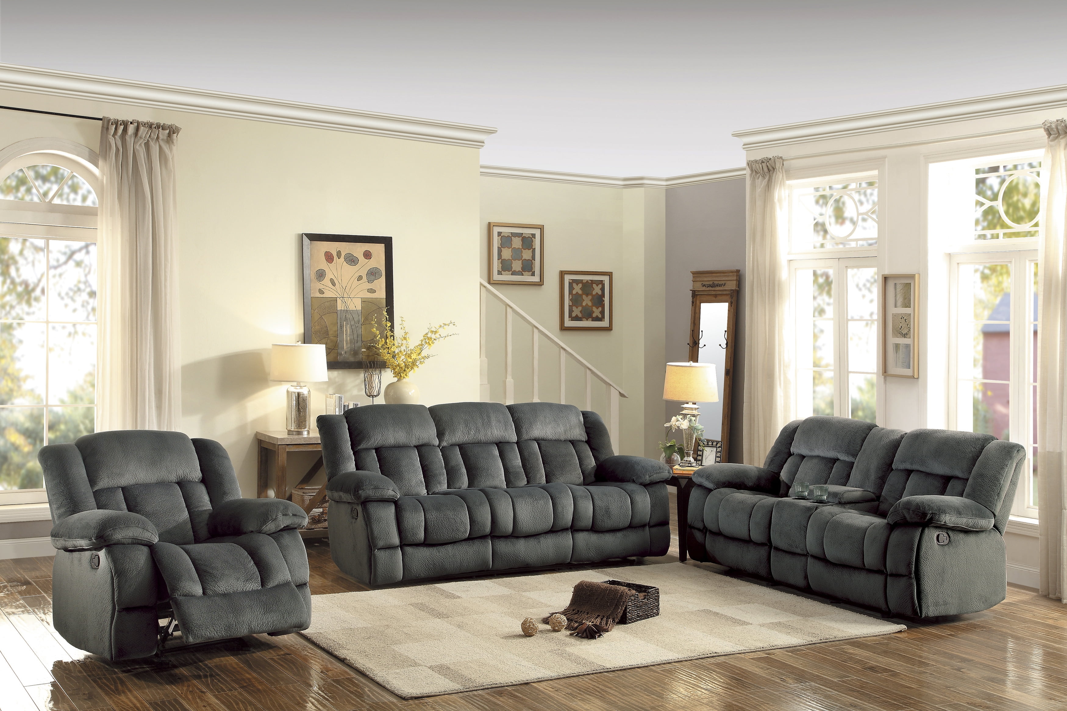 3pc Sofa Set Double Reclining Sofa Loveseat w Center Console Chair Modern Living Room Plush ...