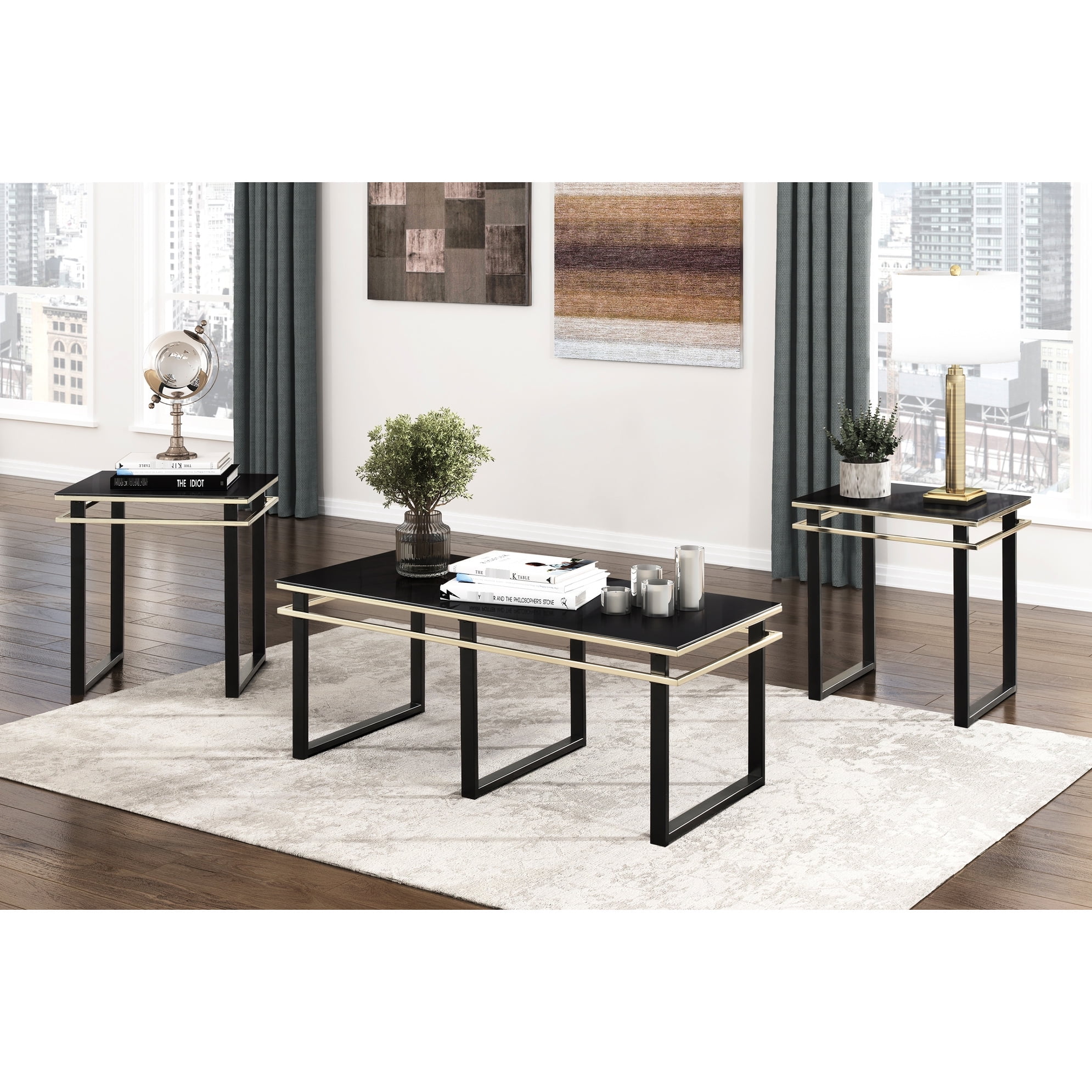 3pc Table For Modern Living: Black Tempered Glass Top Coffee And End ...