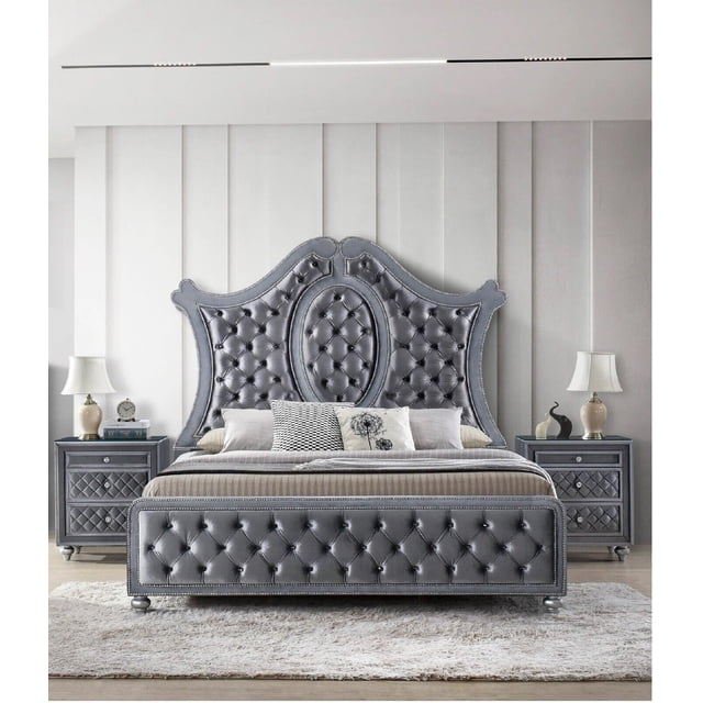 3pc Traditional Upholstered King Size Panel Bed Set Arched Headboard ...