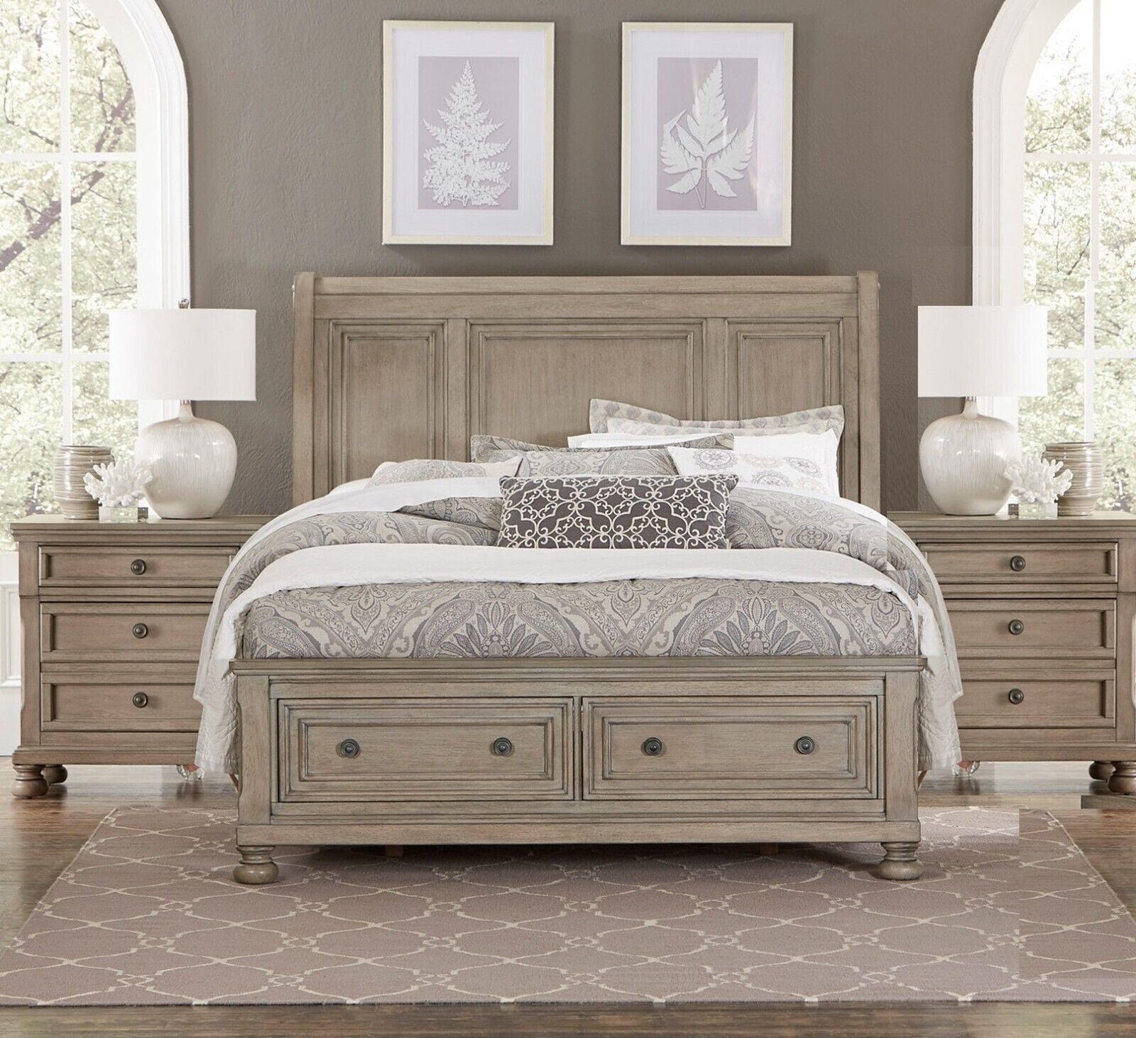 3pc Transitional King Bedroom Bed with Footboard Storage and 2x ...