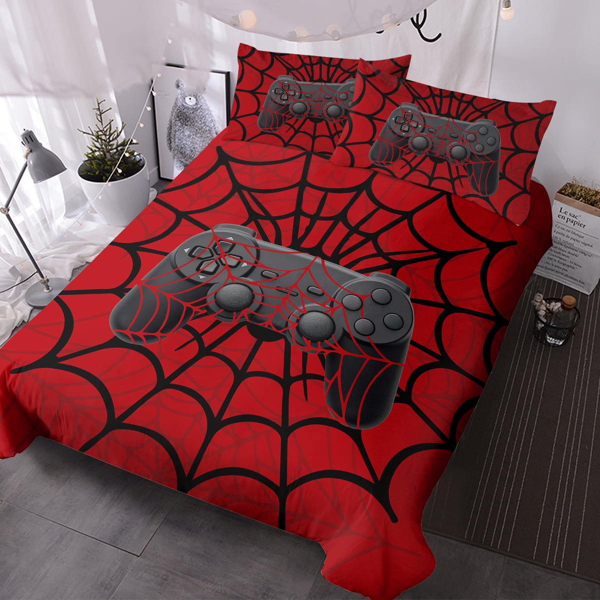 3pc Video Game Controller Bedding Set Black Red Spider Web Duvet Cover ...