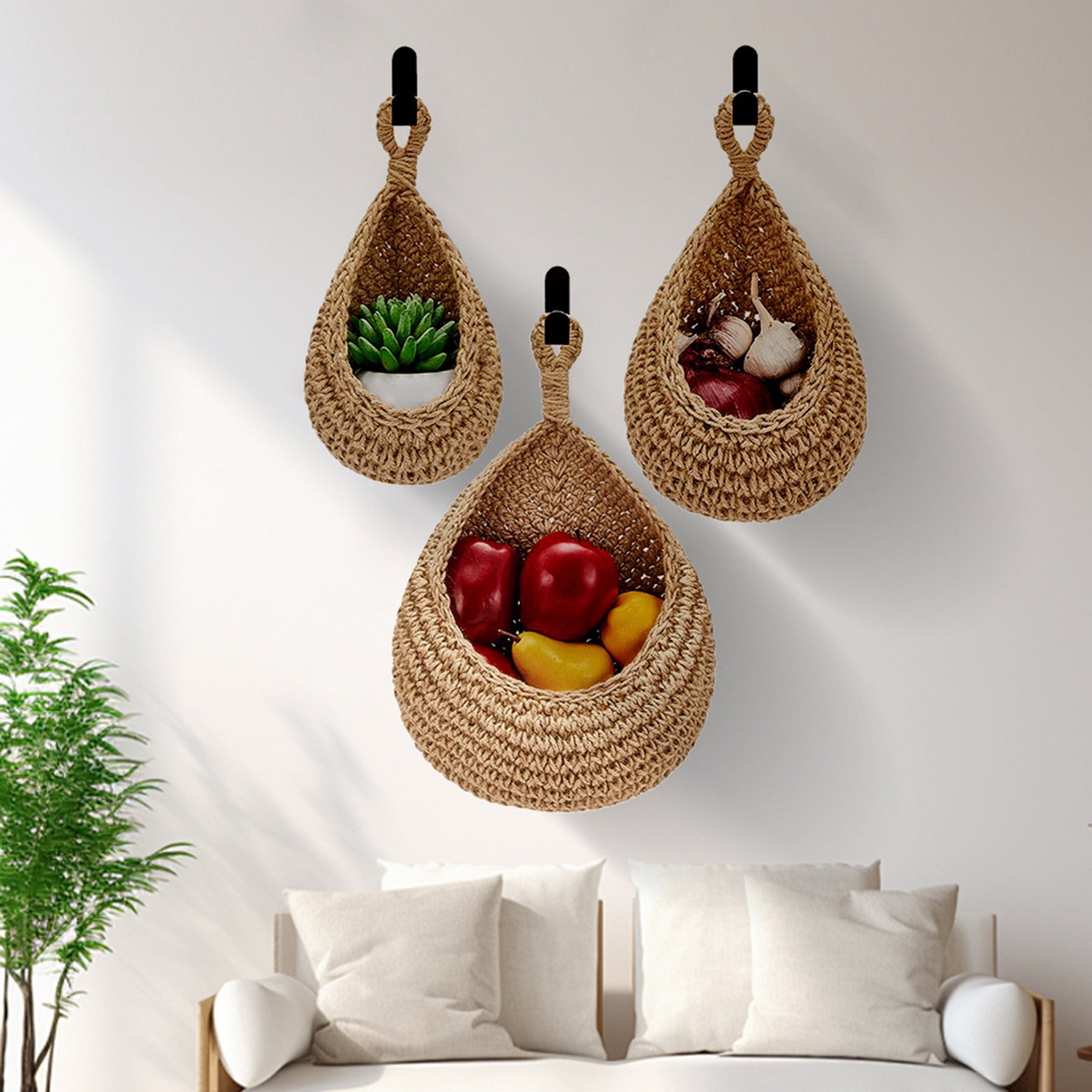 3pc Wall Hanging Woven Basket - Teardrop Mesh Storage for Fruits ...