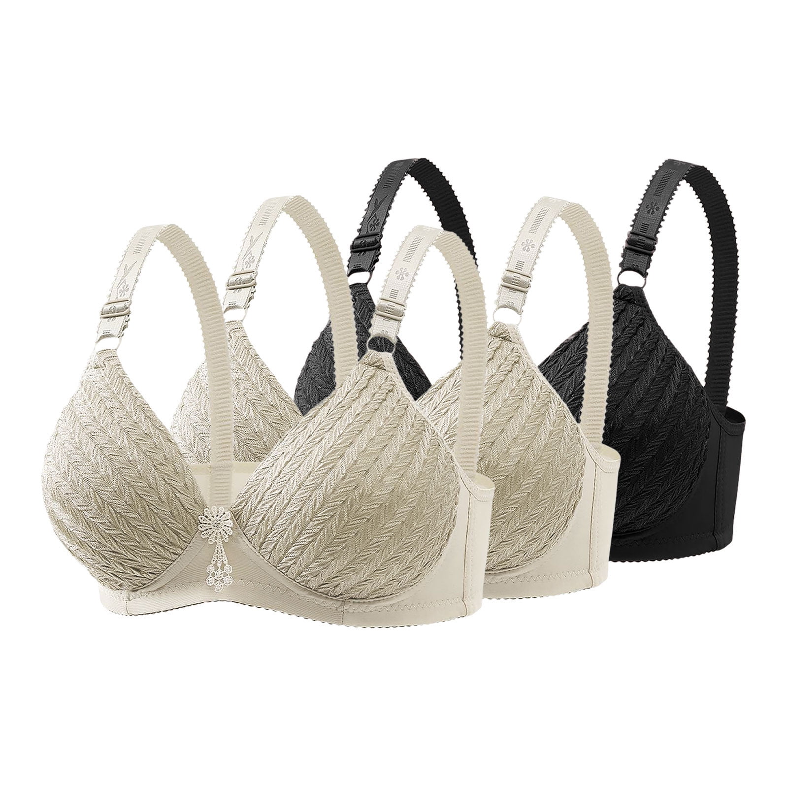3pc Women's Push up Wireless Bra - Textured Embroidery Knit Adjustable ...