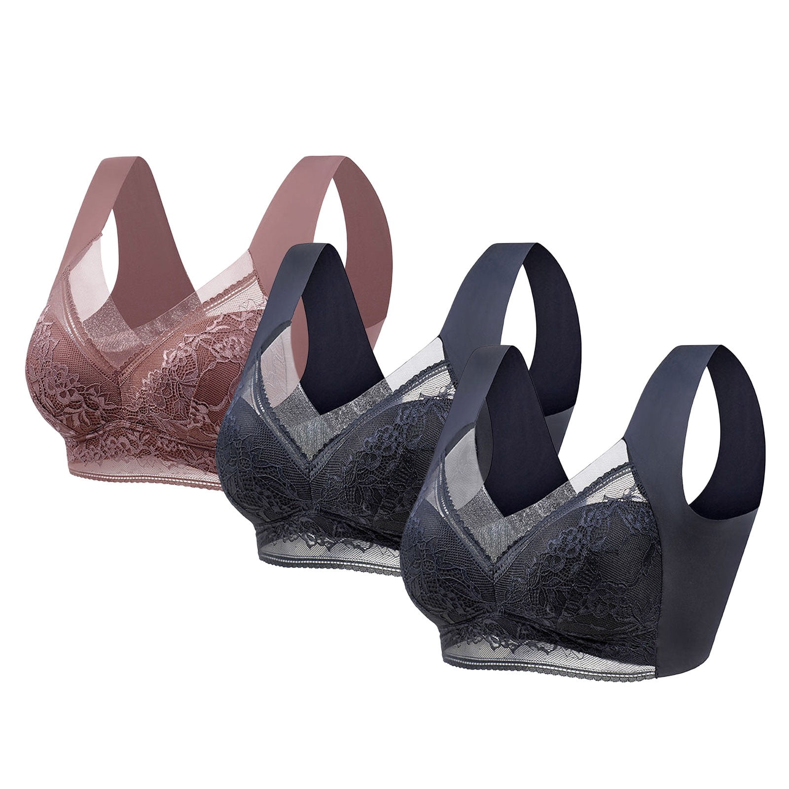 3pc Womens Bras Comfortable V Mesh Full Coverage Bralette Supportive No ...