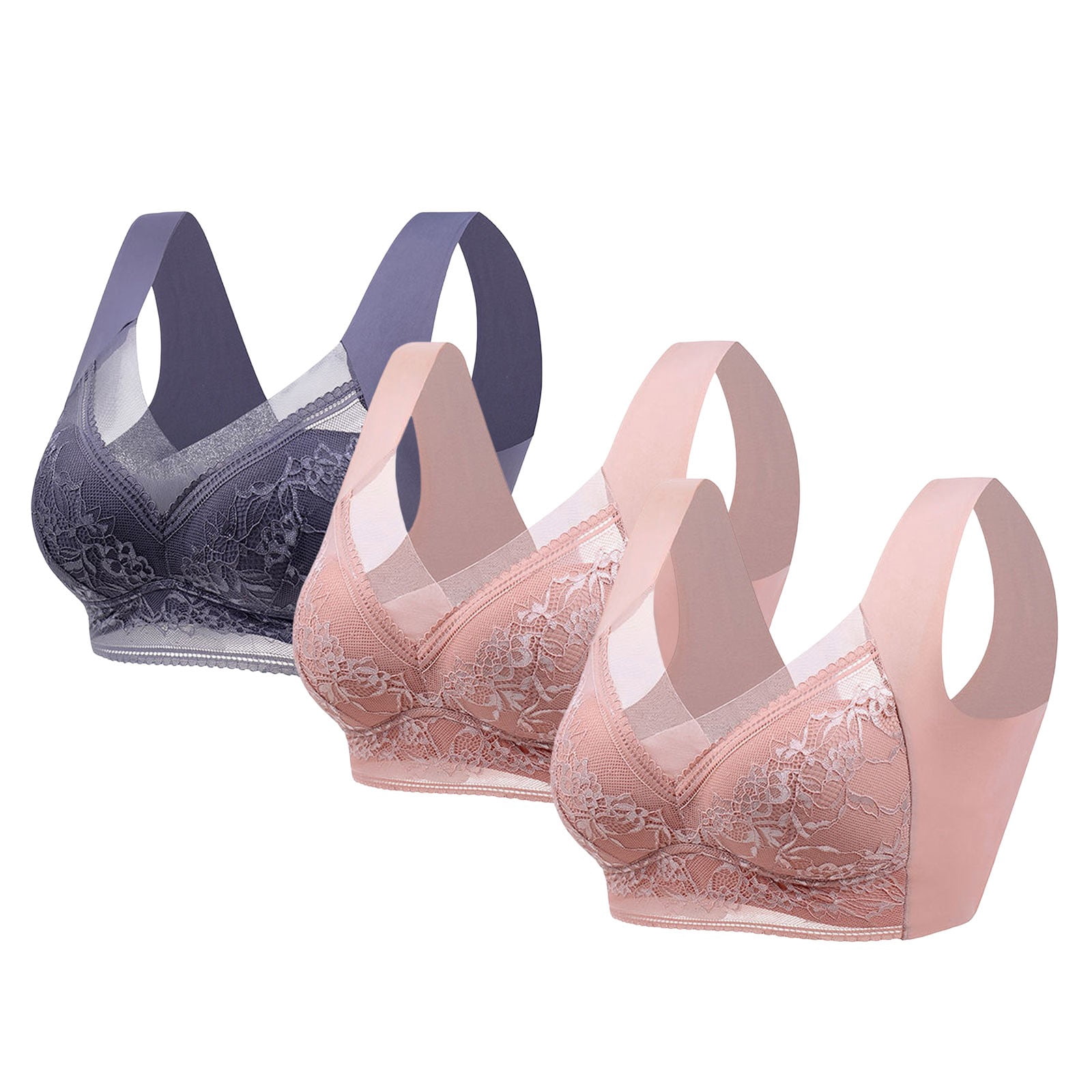 3pc Womens Bras Comfortable V Mesh Full Coverage Bralette Supportive No ...