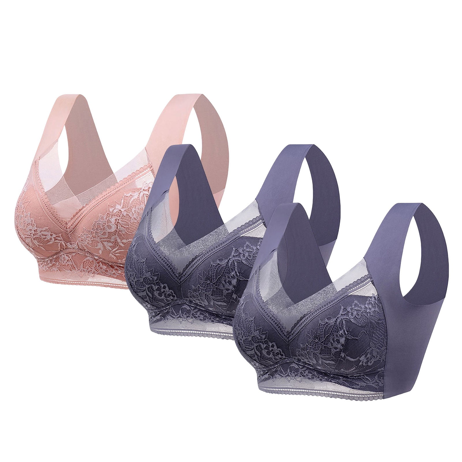 3pc Womens Bras Comfortable V Mesh Full Coverage Bralette Supportive No ...