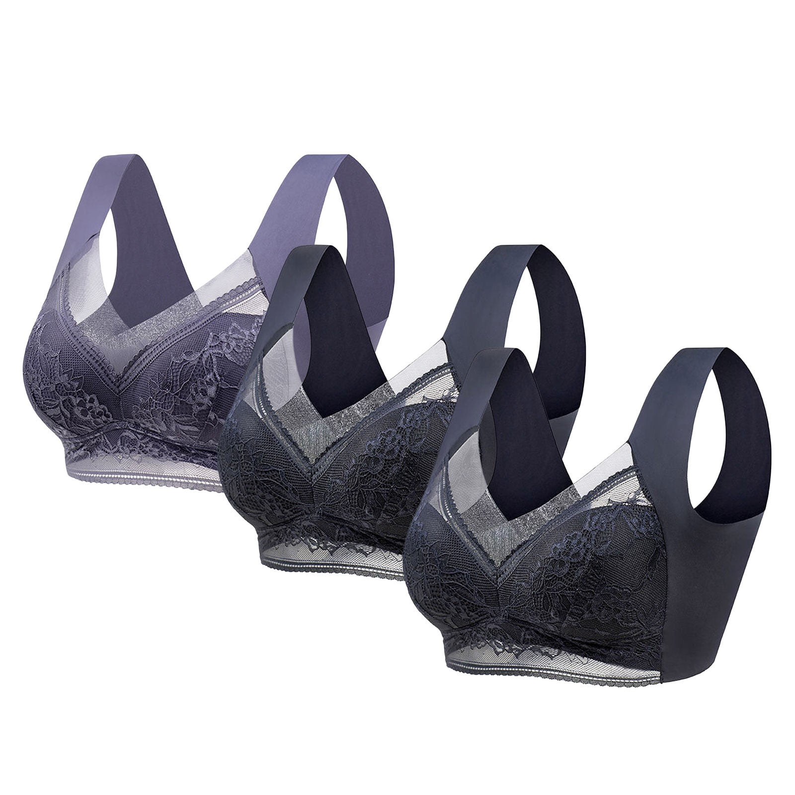 3pc Womens Bras Comfortable V Mesh Full Coverage Bralette Supportive No ...
