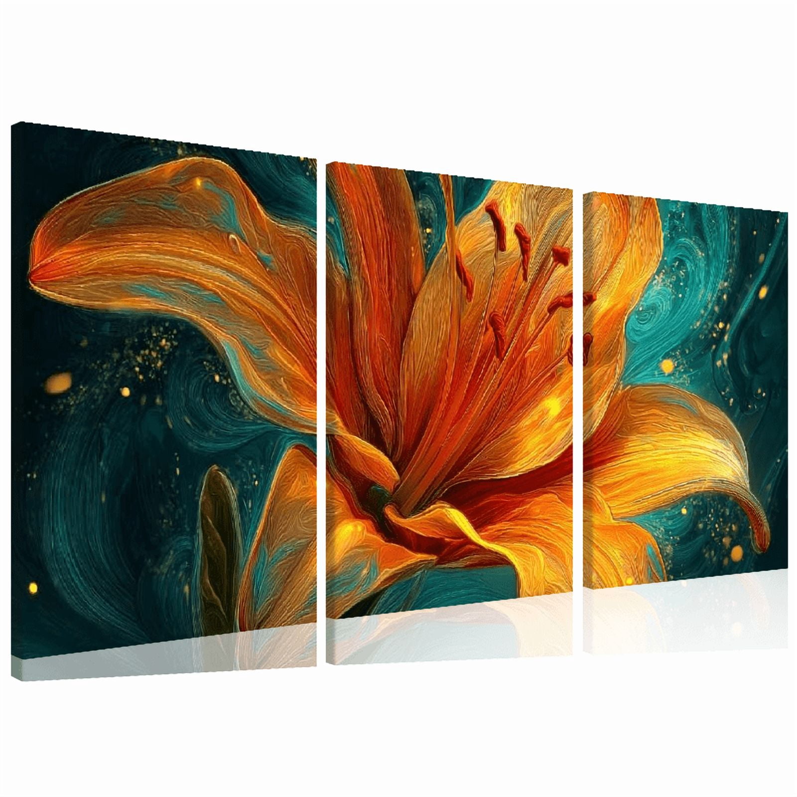 3pc with frame -Triple canvas floral teal orange art themed canvas wall ...