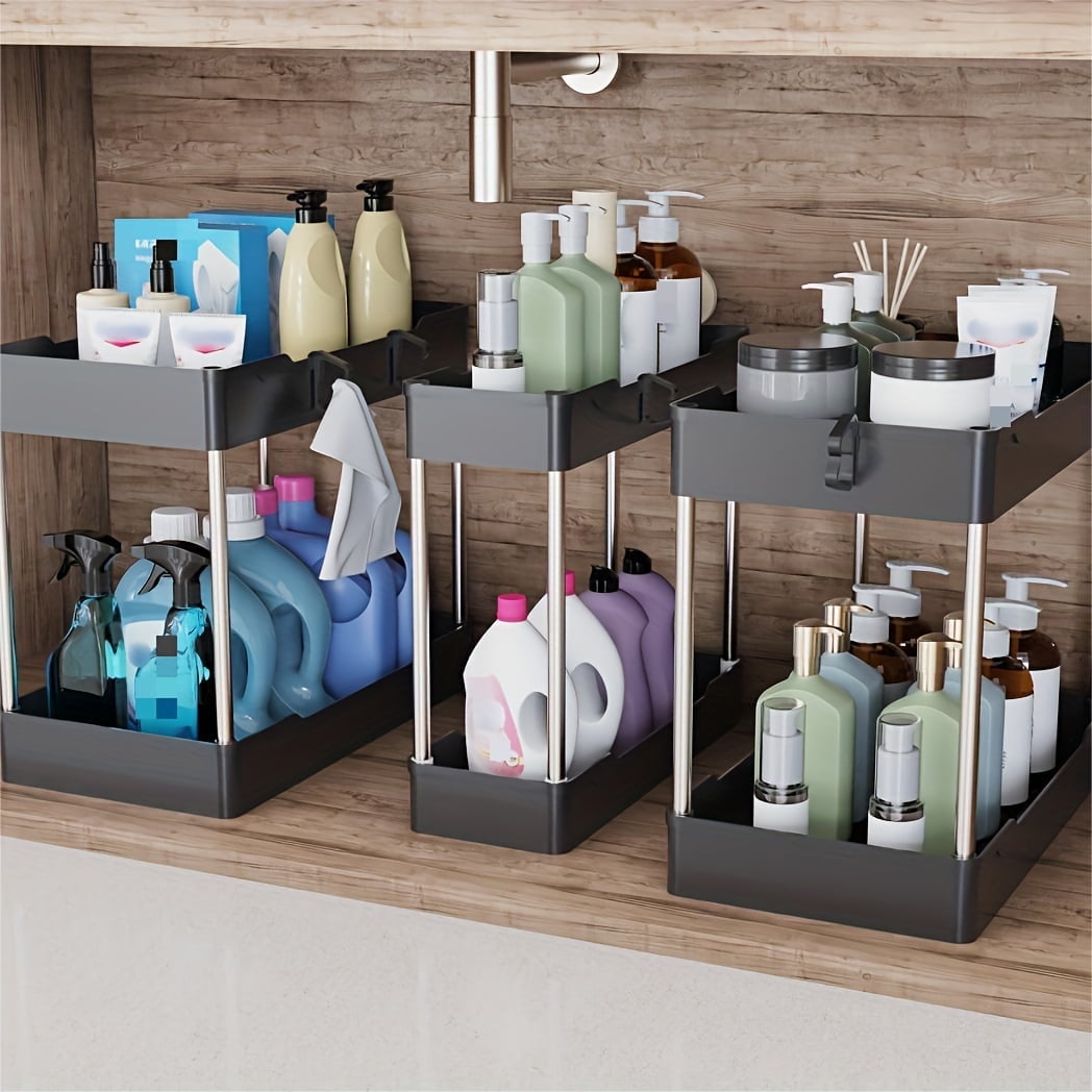 3pcs 2-layer Under Sink Plastic Spice Drawer Storage Rack, Toiletry ...