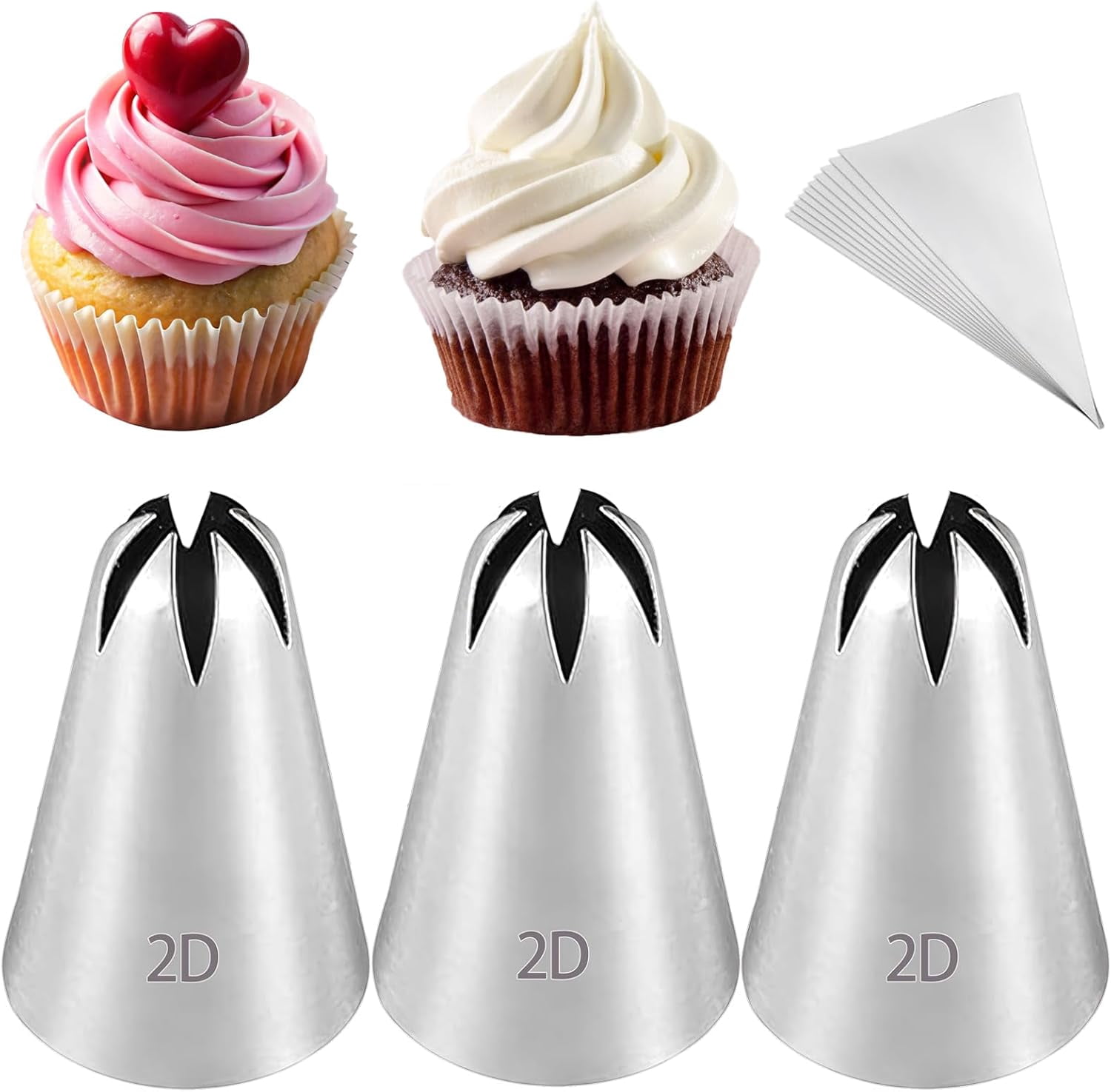 3pcs 2D Cake Piping Tips with 20 Piping Bags, Large Piping Nozzles ...