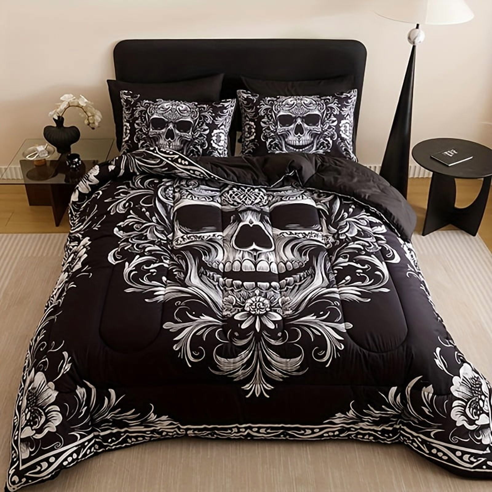 3pcs 2D Flat Skull Quilt Set, Black Gray Design - 1 Comforter + 2 ...