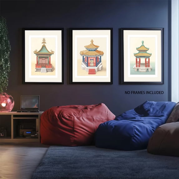 3pcs,2D frameless canvas paintings, three framed pictures of a pagoda ...
