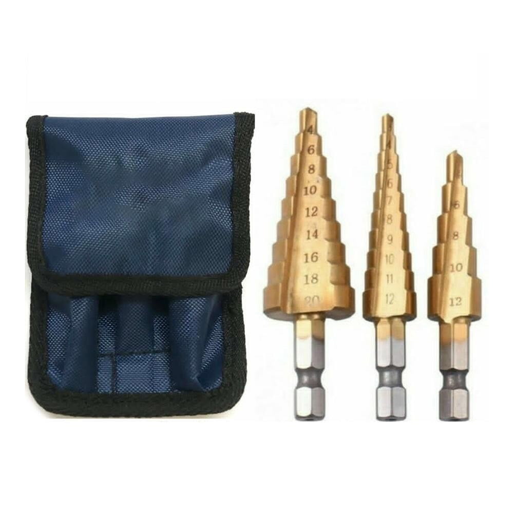 3pcs 3-12mm 4-12mm 4-20mm Step Drill Bit Titanium Nitride Coated Set Steel Groove Step 1/4 inch ...