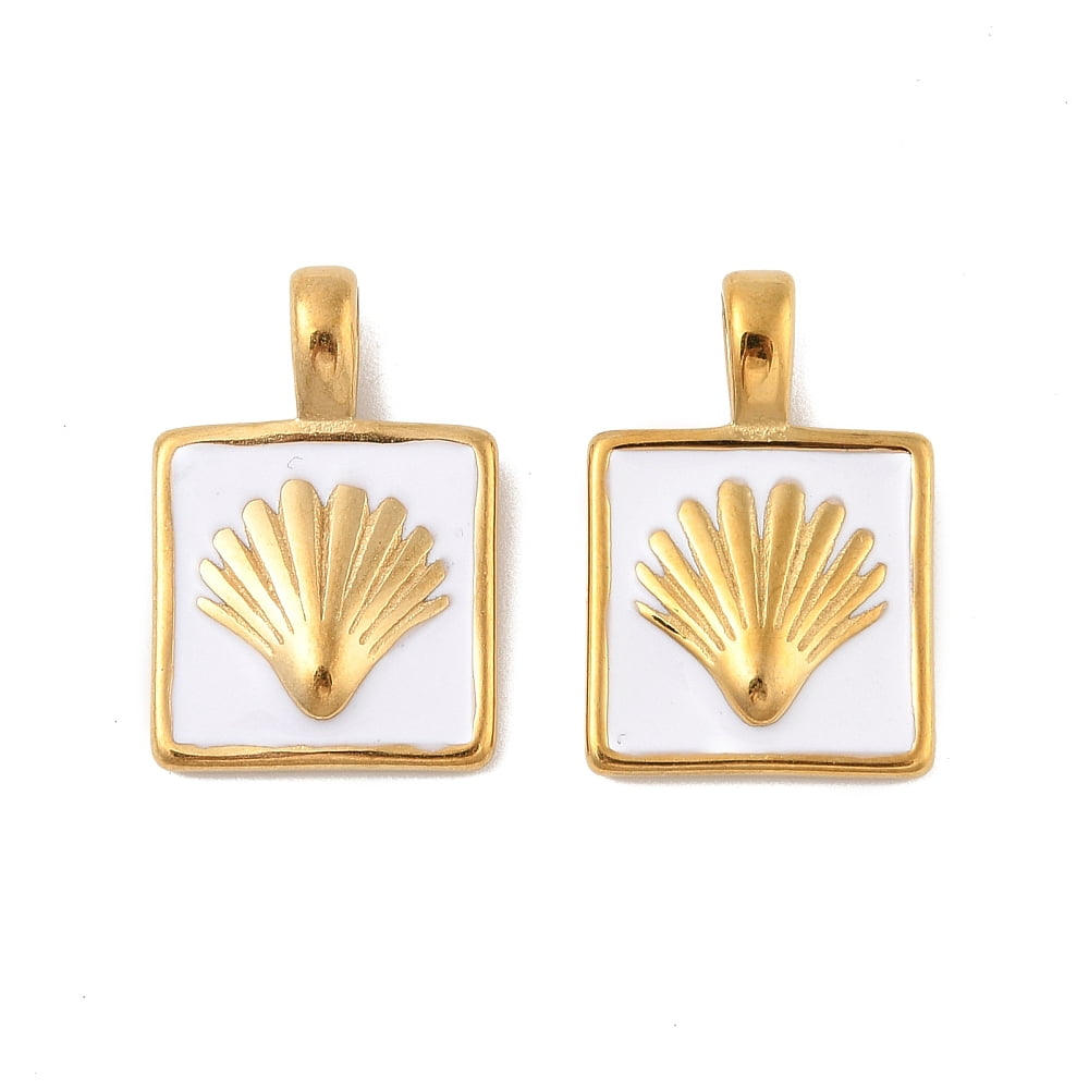 3pcs 304 Stainless Steel Enamel Pendants Square with Shell golden PVD ...