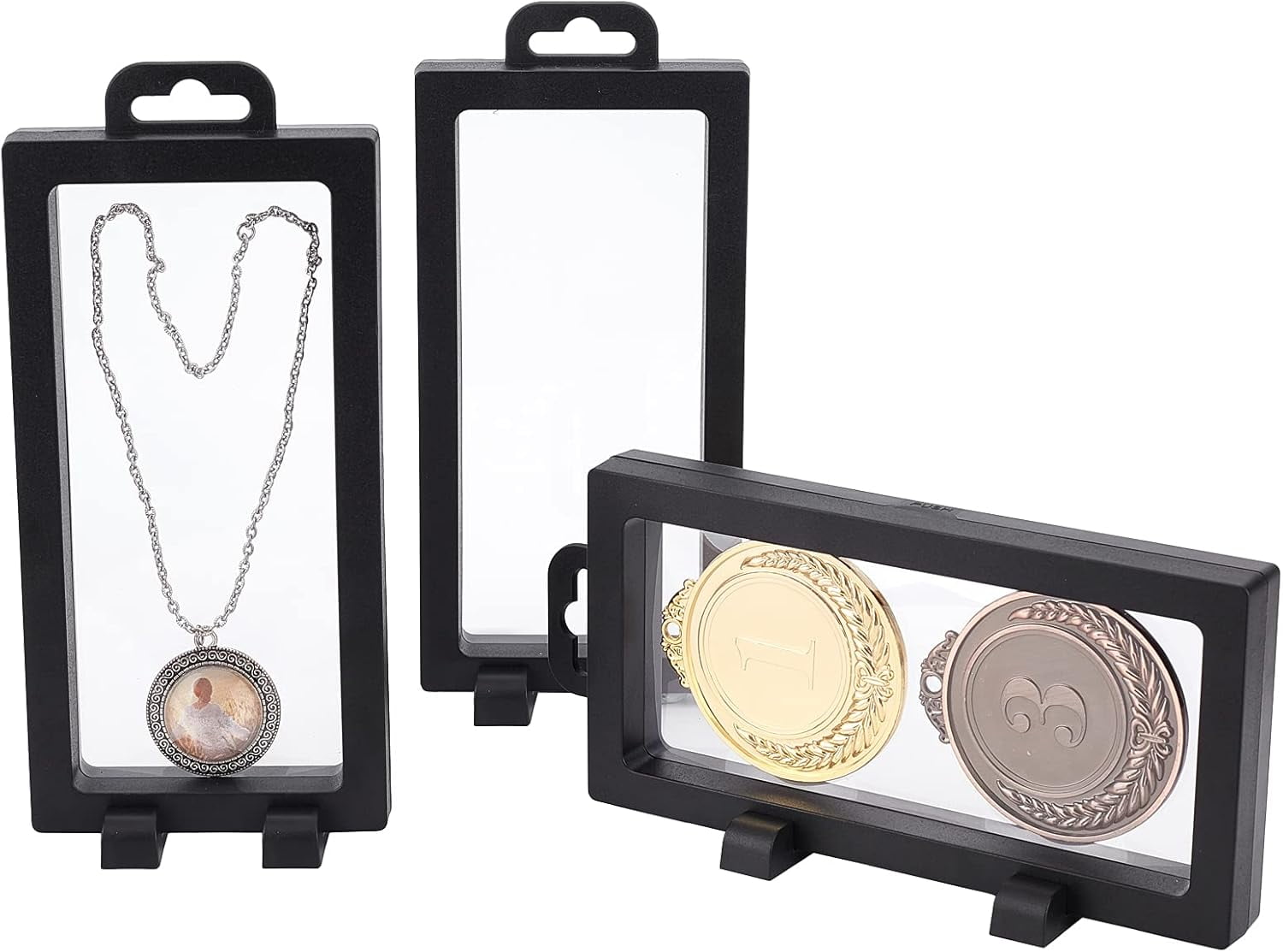 3pcs 3D Floating Frame Display Black Floating Effect Holder Coin Display Case with Stand Holder ...
