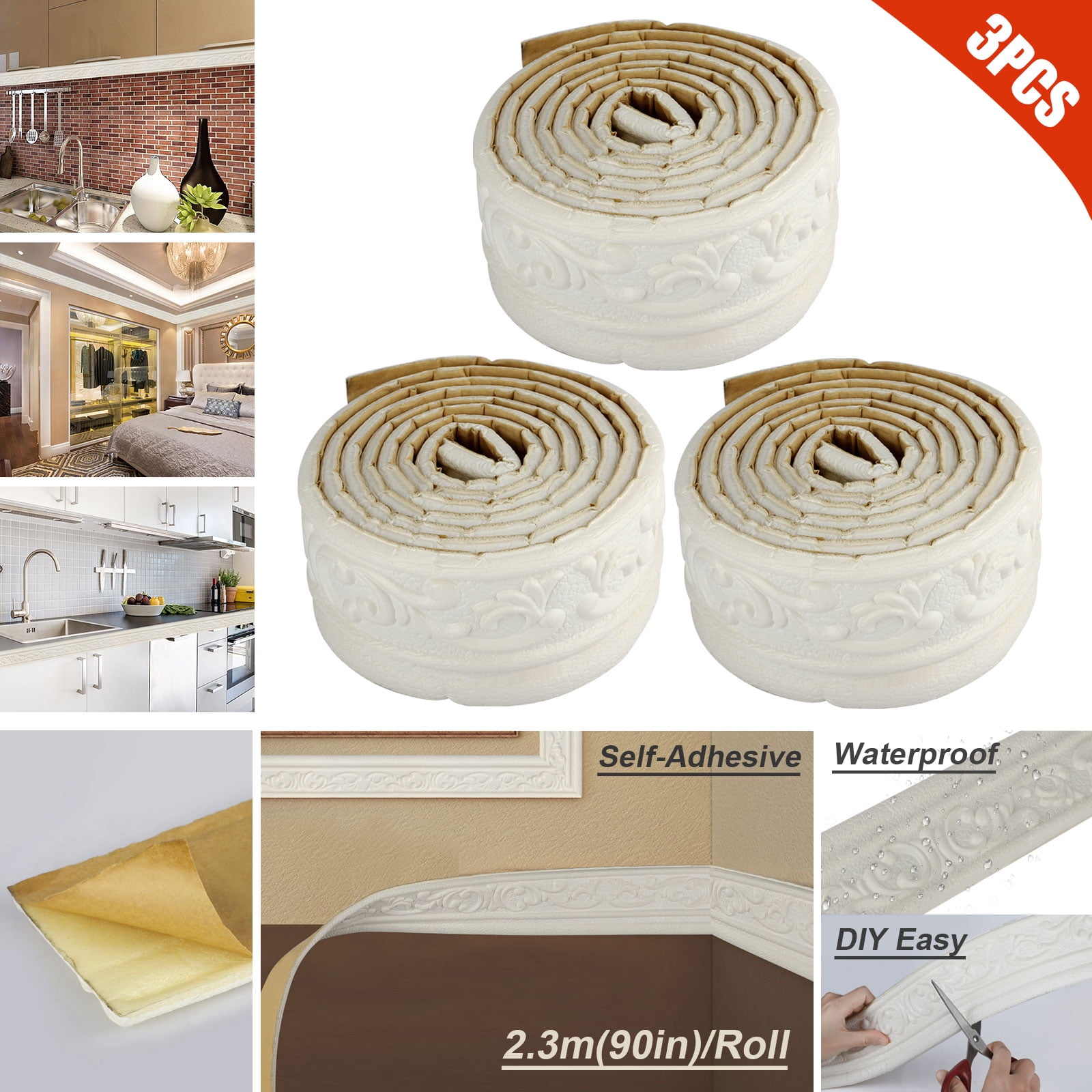 3pcs 90'' 3D Self-Adhesive Foam Wallpaper Border, TSV Flexible Foam ...