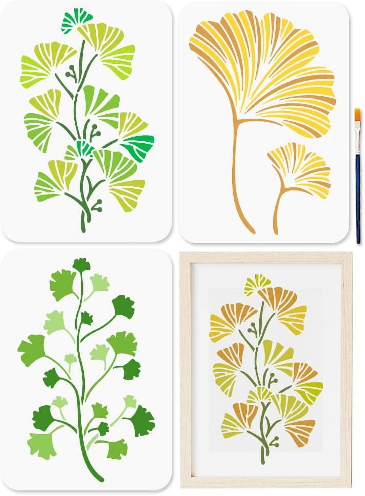 3pcs A4 Ginkgo Biloba Stencil with Paint Brush 11.7x8.3inch Plant ...