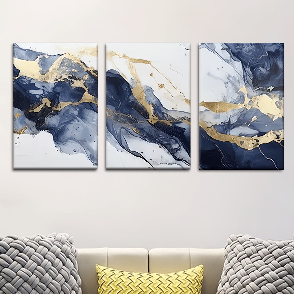3pcs Abstract Blue & Golden Canvas Art Set - Unframed Modern Wall Decor ...
