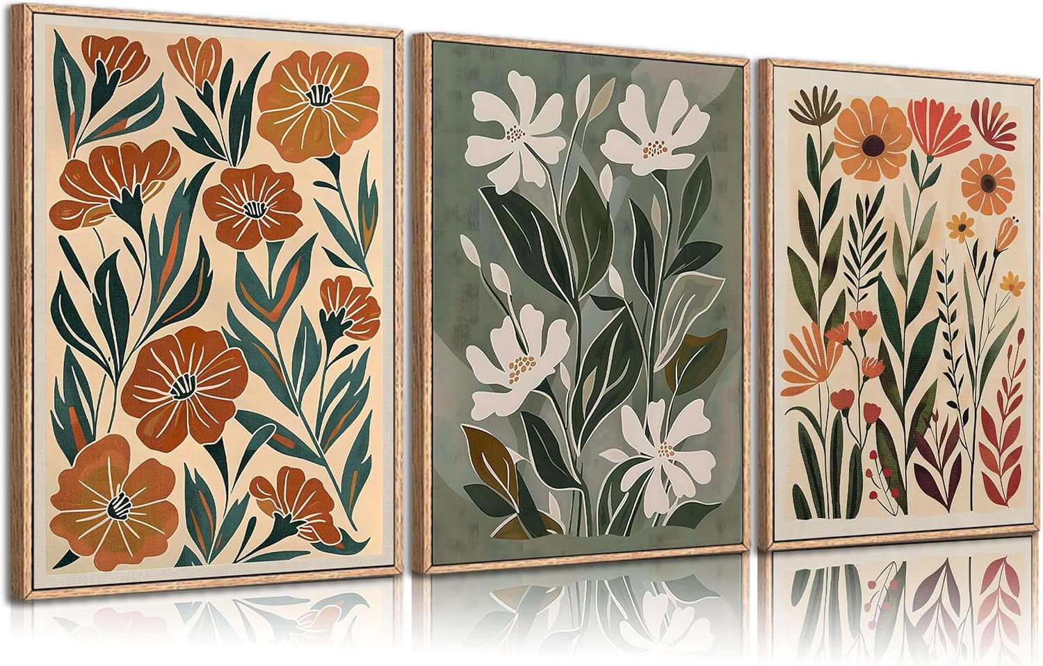 3pcs Abstract Boho Floral Canvas Wall Art Green Beige Flower Market ...
