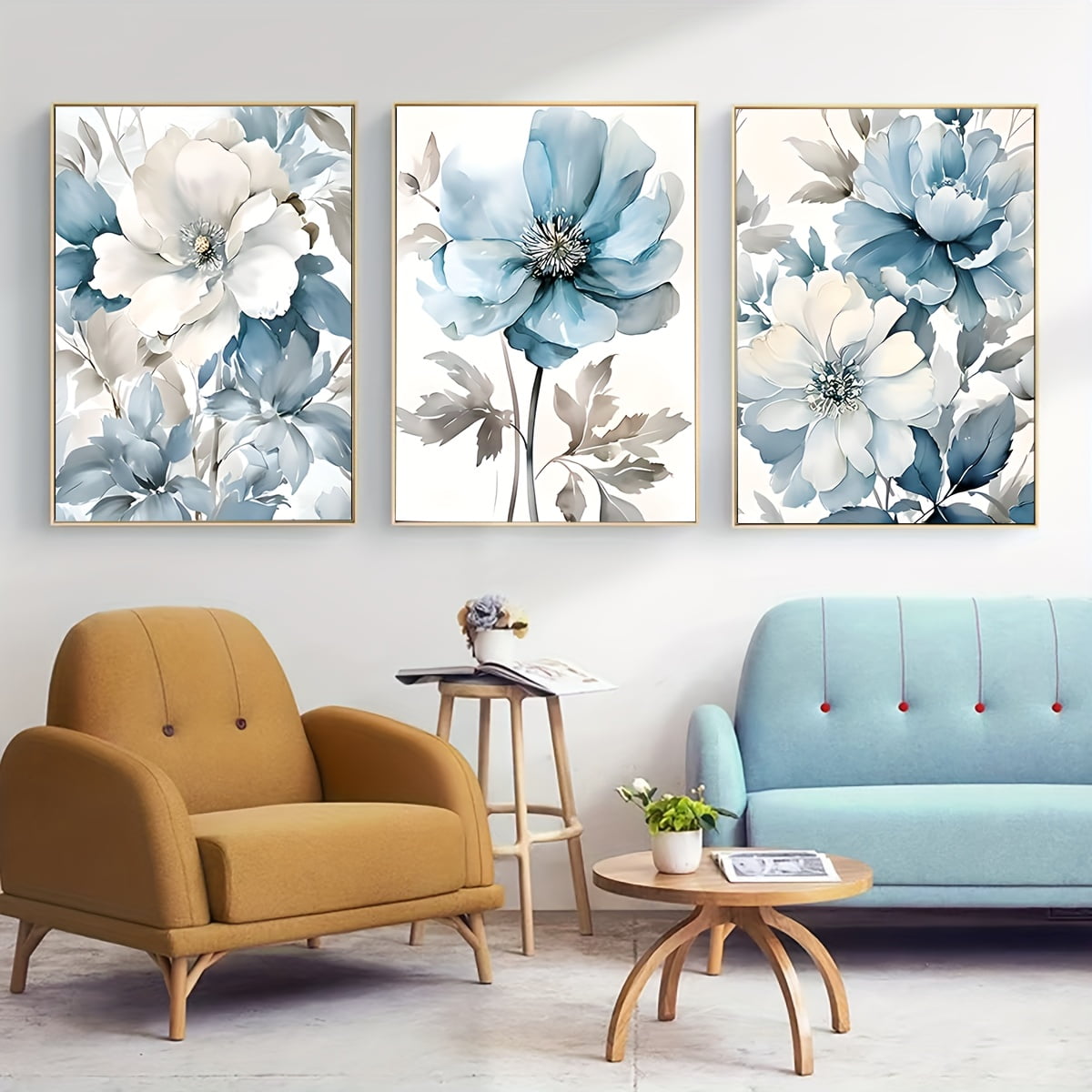 3pcs Abstract Botanical Canvas, Flower Wall Art Prints, Modern Blue ...