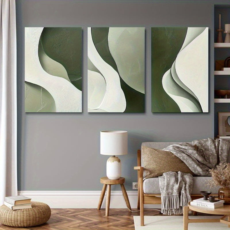 3pcs Abstract Canvas Art Prints Set, Minimalist White & Green Landscape ...