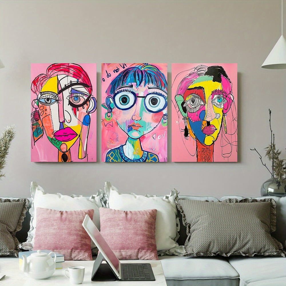 3pcs Abstract Pop Art Portraits Canvas with Wrap-around Frame, Ready to ...