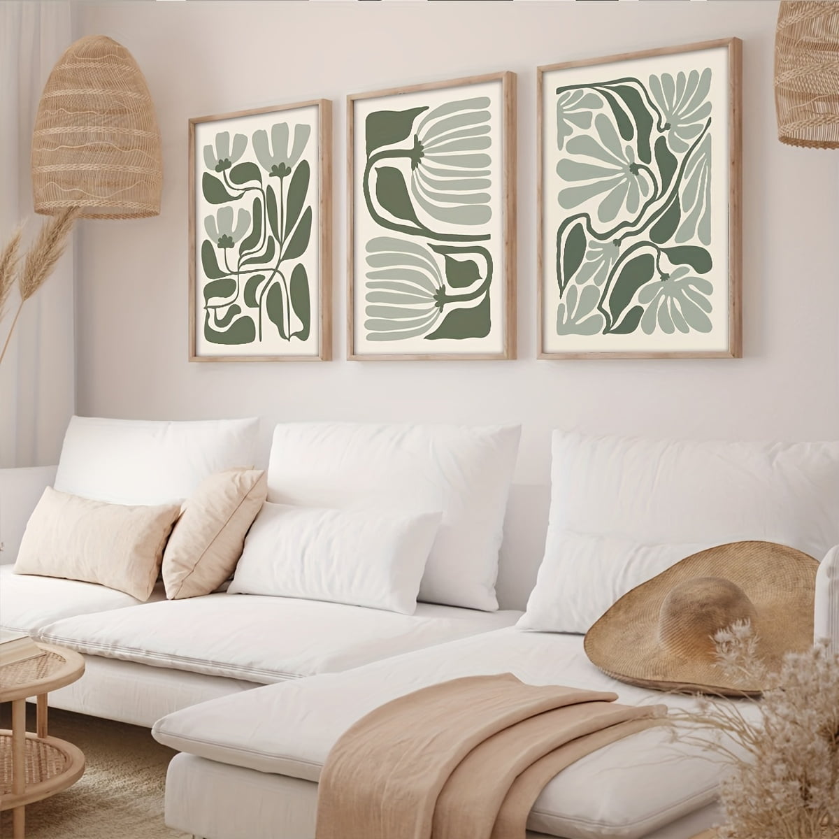 3pcs Abstract Sage Green Flower Art Prints - Vintage Minimalist Floral ...