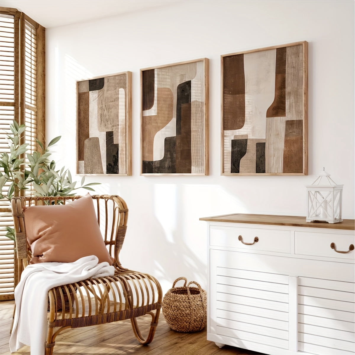 3pcs Abstract Wall Art Prints - Wood Brown & Beige, Large Bohemian ...