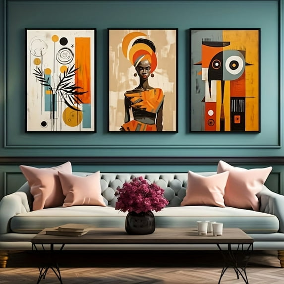 3pcs African-Inspired Abstract Wall Art Set - Vibrant Orange & Black ...