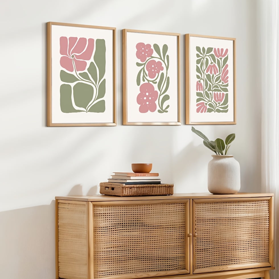 3pcs Art Renaissance Floral Canvas Mural Set, Teal and Pink Abstract ...