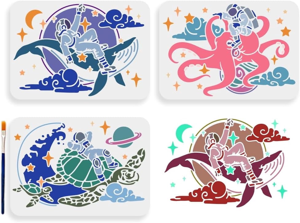 3pcs Astronaut Ocean Creatures Stencil 11.7×8.3inch Large Space Theme ...