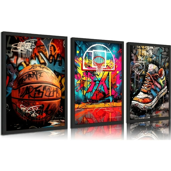 3pcs Basketball graffiti canvas wall art, basketball court sports shoes ...