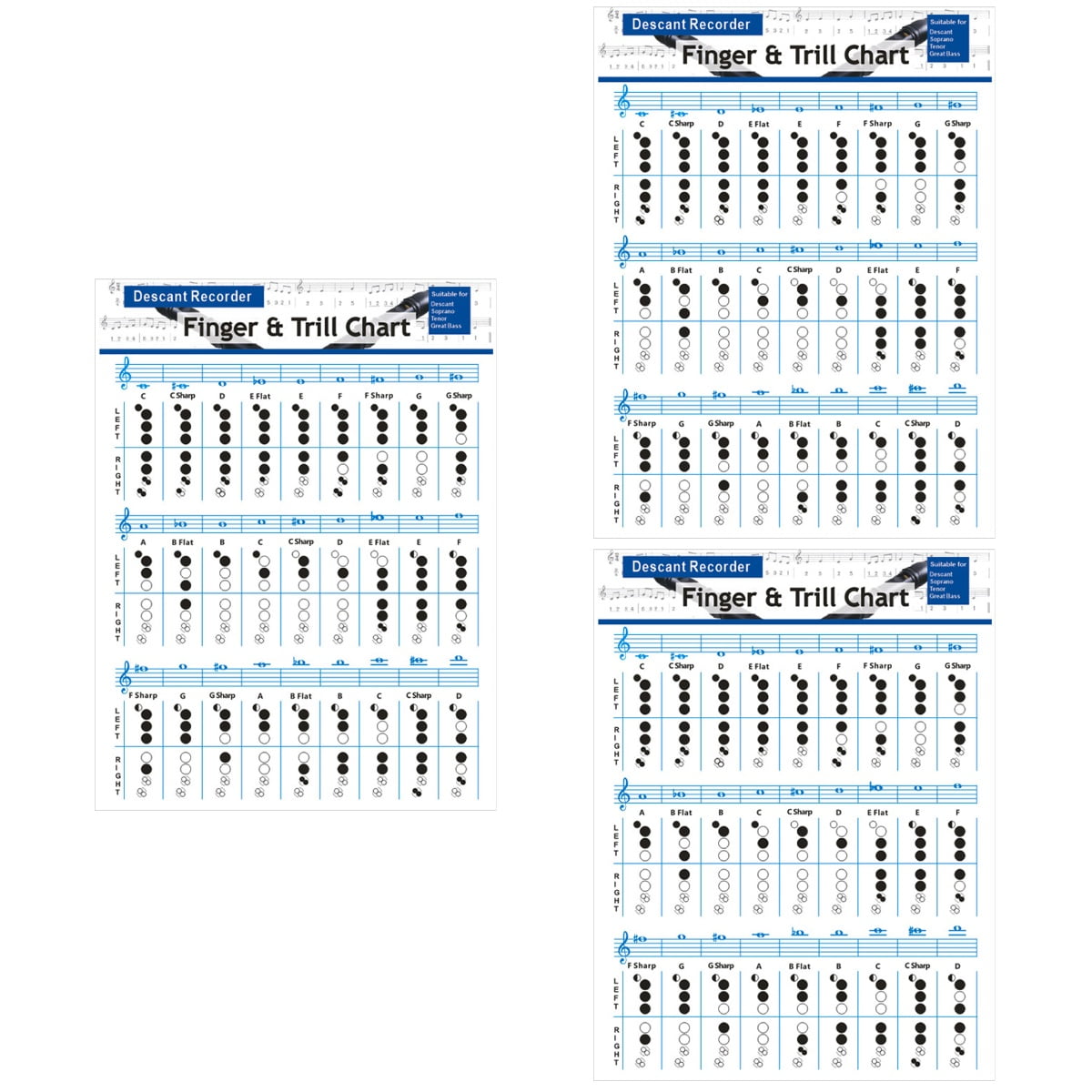 3pcs Bass Recorder Chords Finger Chart Recorder Practice Finger Chart ...