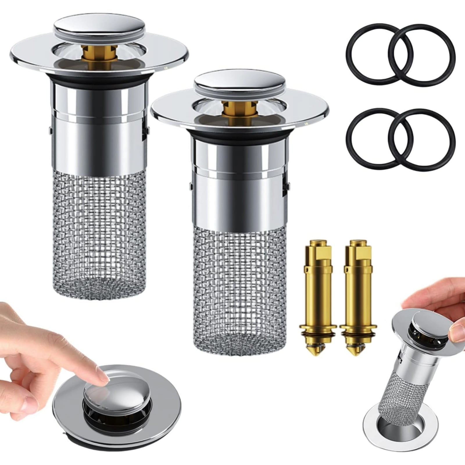 3pcs Bathroom Sink Stopper Hair Catcher, Stainless Steel Pop Up Brass ...