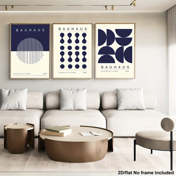 3pcs Bauhaus Navy Blue & Beige Abstract Wall Art Set - Mid-Century ...