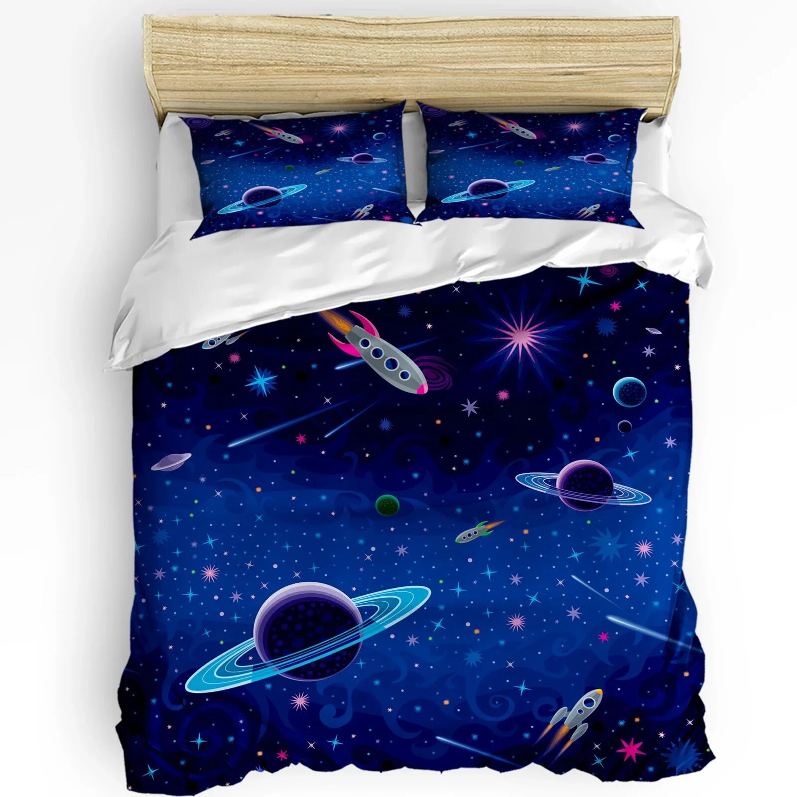 3pcs Bedding Set Universe Space Rocket Cartoon White Home Textile Duvet ...