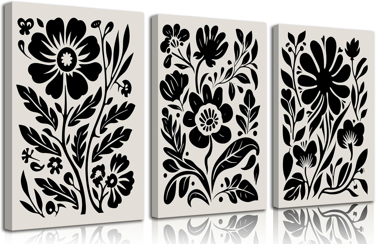 3pcs Black Abstract Floral Botanical Canvas Wall Art Boho Minimalist Flower Wall Decor Pictures ...